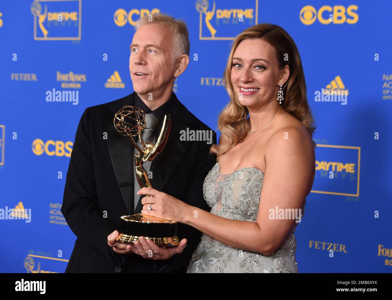 Phideaux Xavier, left, and Allison Reames Smith pose in the press room ...