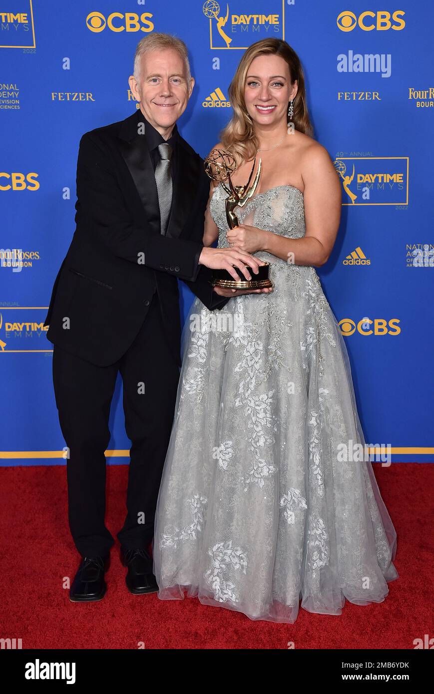 Phideaux Xavier, left, and Allison Reames Smith pose in the press room ...