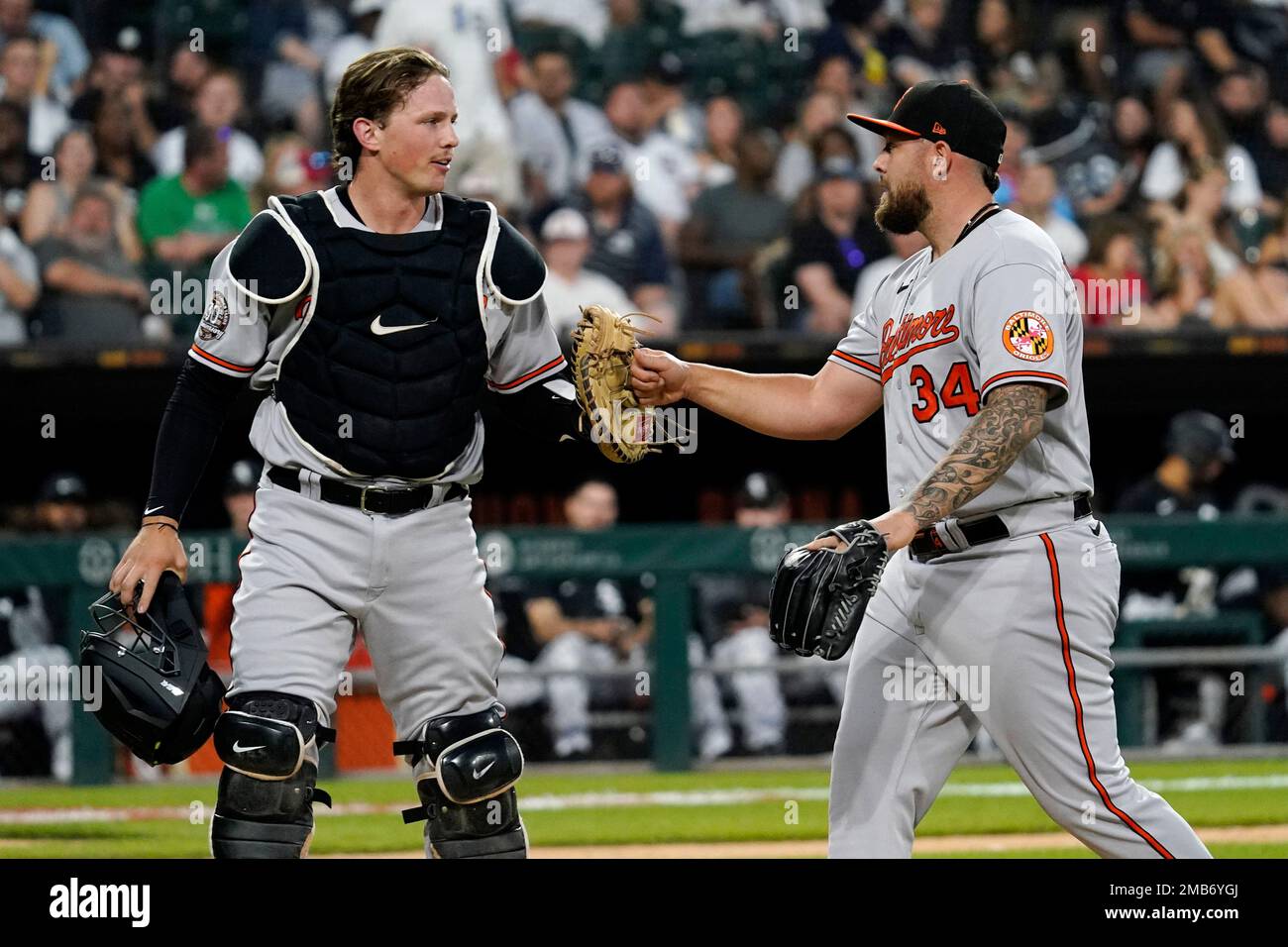 Baltimore Orioles catcher Adley Rutschman, left, celebrates with relief ...
