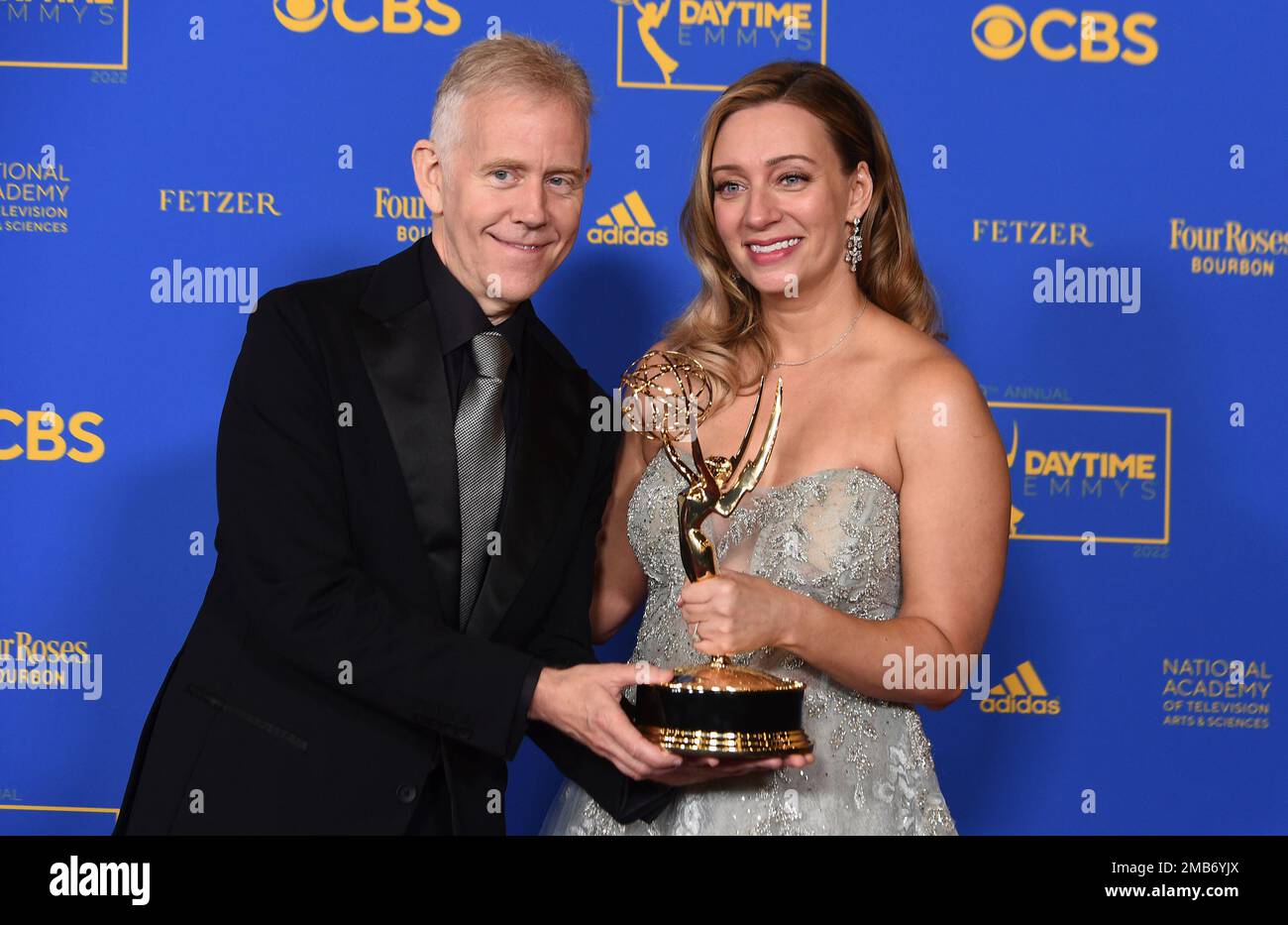 Phideaux Xavier, left, and Allison Reames Smith pose in the press room ...