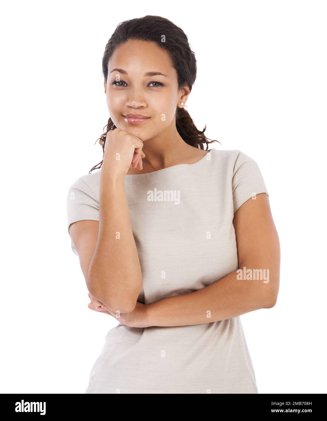 Business woman, portrait and white background of a black woman employee ...