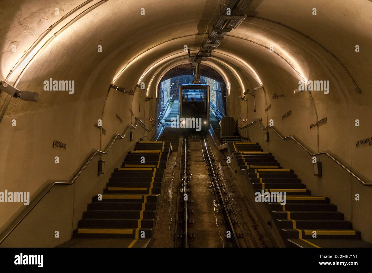 Great view of a modern funicular train arriving at the lower station at ...