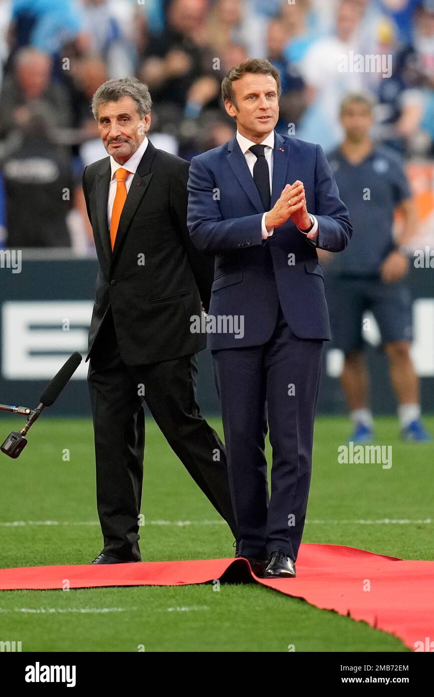 French president Emmanuel Macron greets the players before the Top 14 ...