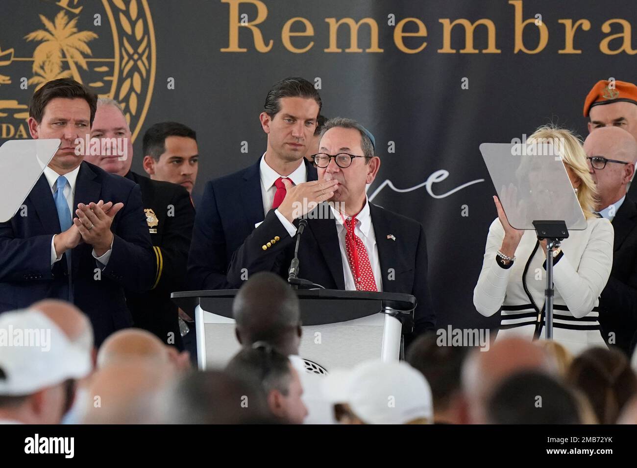 Kevin Spiegel blows a kiss after speaking during a remembrance event at ...