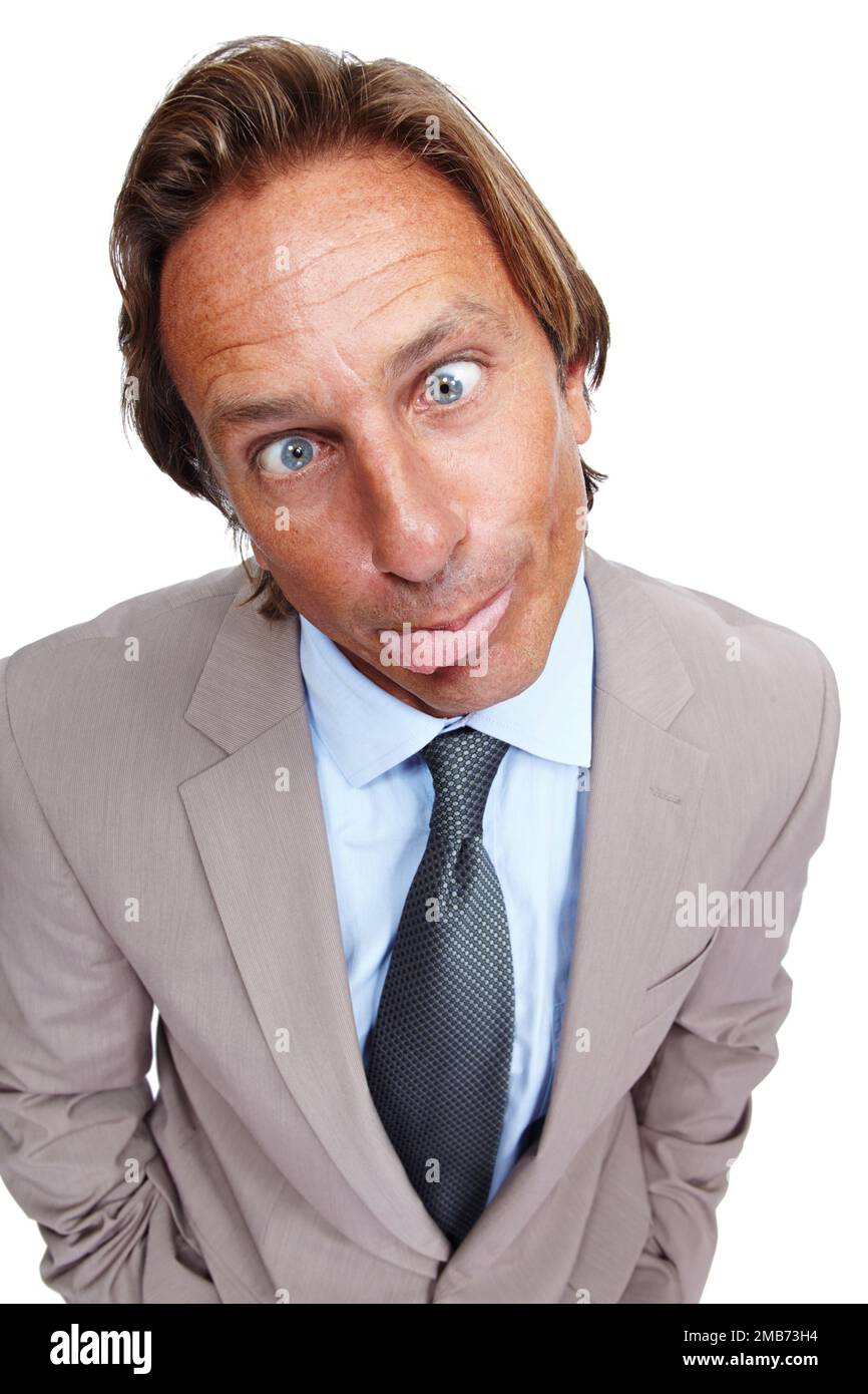 Funny, comic and portrait of a business man with a silly face and a ...