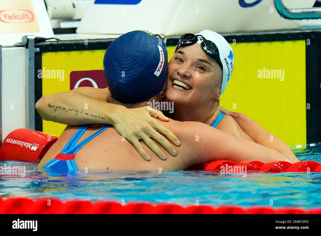Sarah Sjostrom, left, of Sweden celebrates with Melanie Henique of ...