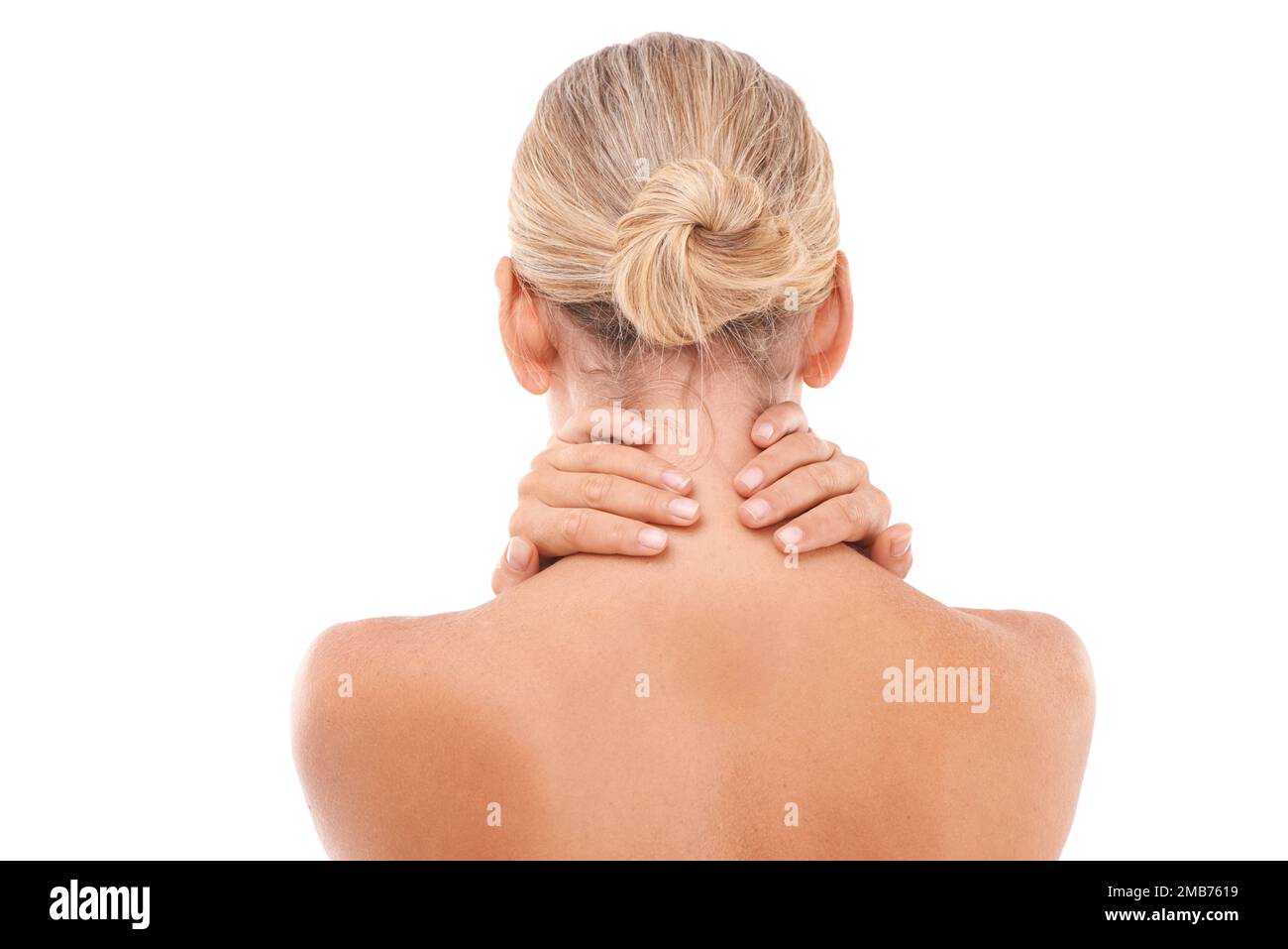 Neck pain, injury and woman in a studio with discomfort, stress or ache ...