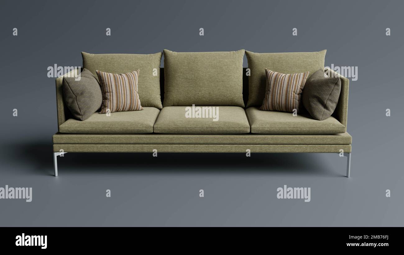A 3d rendered cream sofa with pillows on it against grey background ...