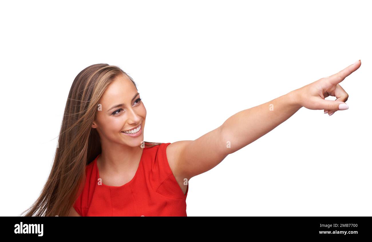 White background, pointing finger and face of woman for advertising ...