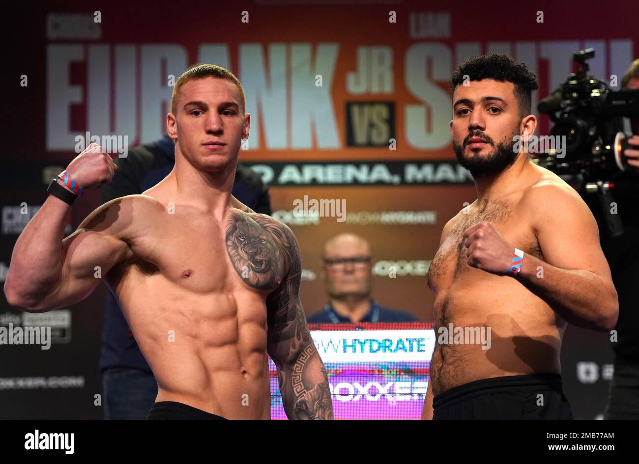 Scott Forrest (left) and Amine Boucetta during the weigh-in at the Manchester Central Convention ...