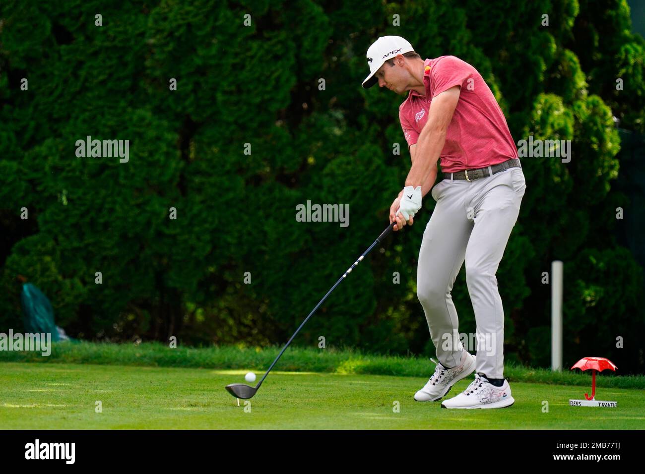 Sam Burns hits on the ninth hole during the first round of the ...