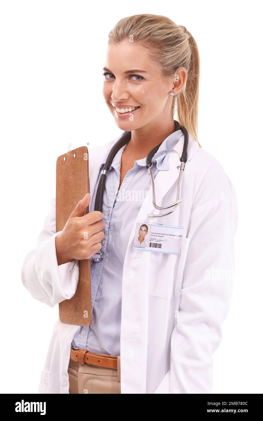 Portrait, healthcare doctor and woman with checklist in studio isolated ...