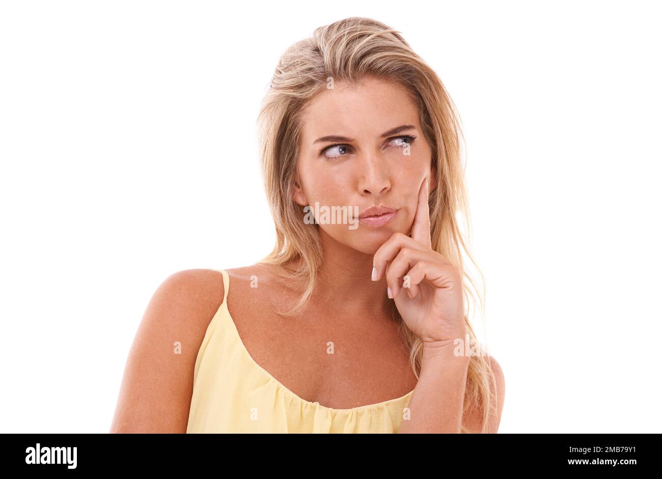 Woman, face and serious thinking with hands for hope, mental health or ...