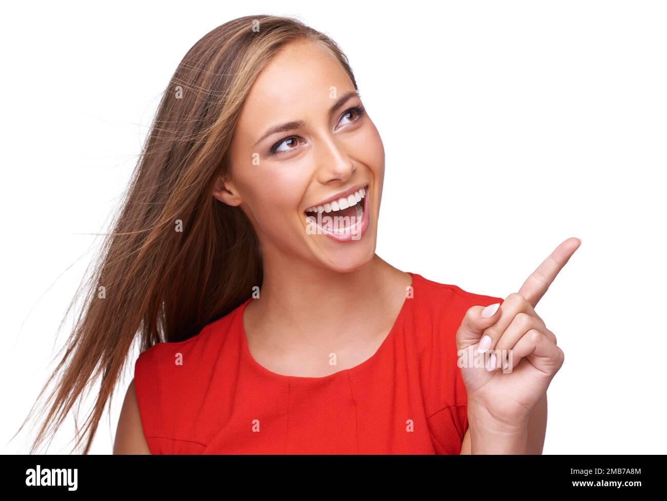 White background, pointing finger and face of woman for fashion ...