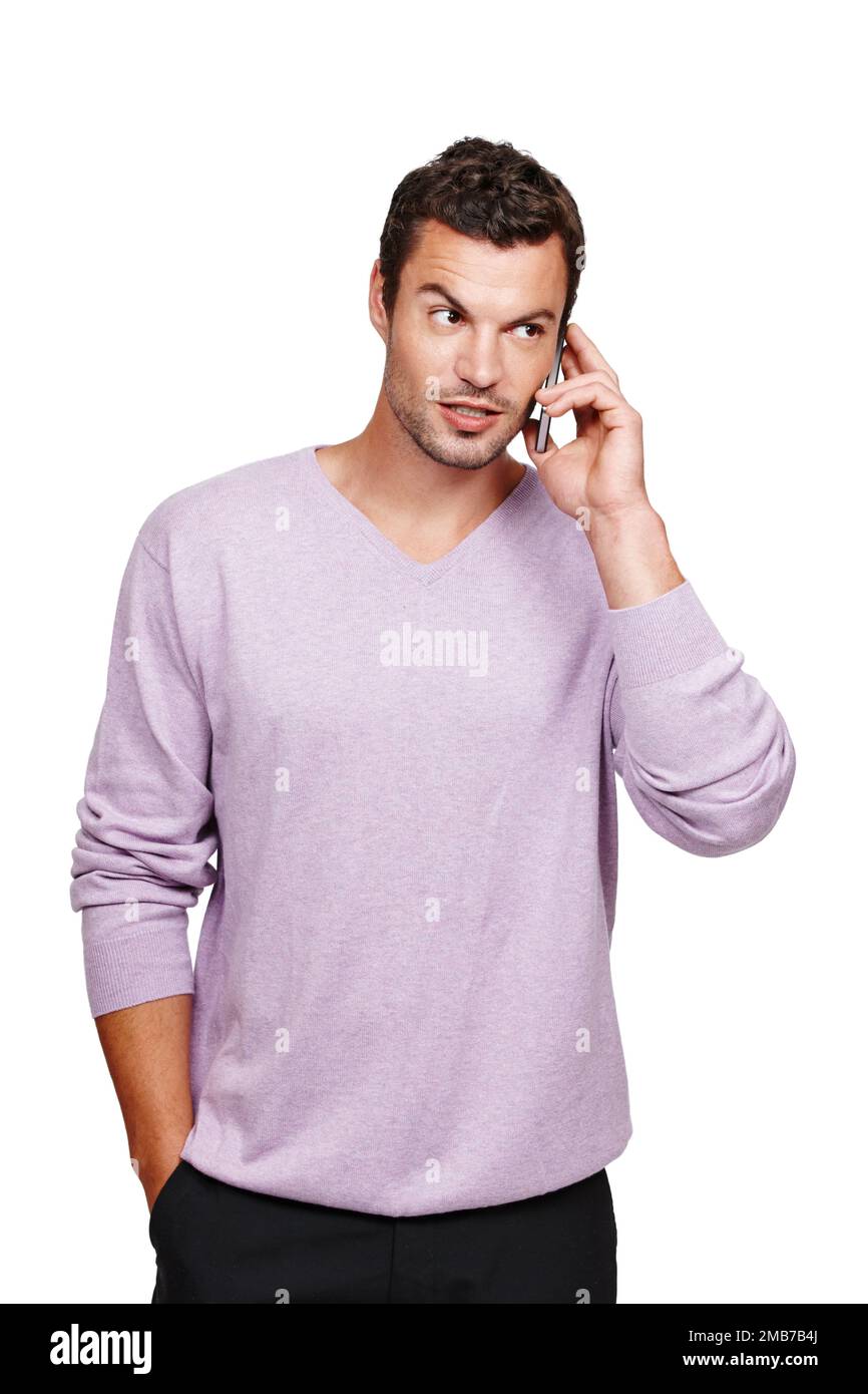 Man, phone call conversation and thinking in studio for online ...