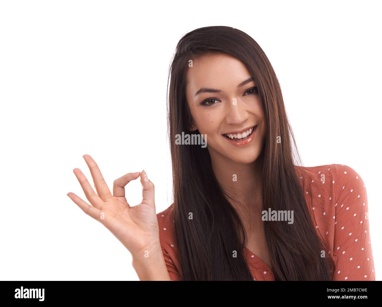 Success, ok and portrait of Asian woman on a white background to vote ...