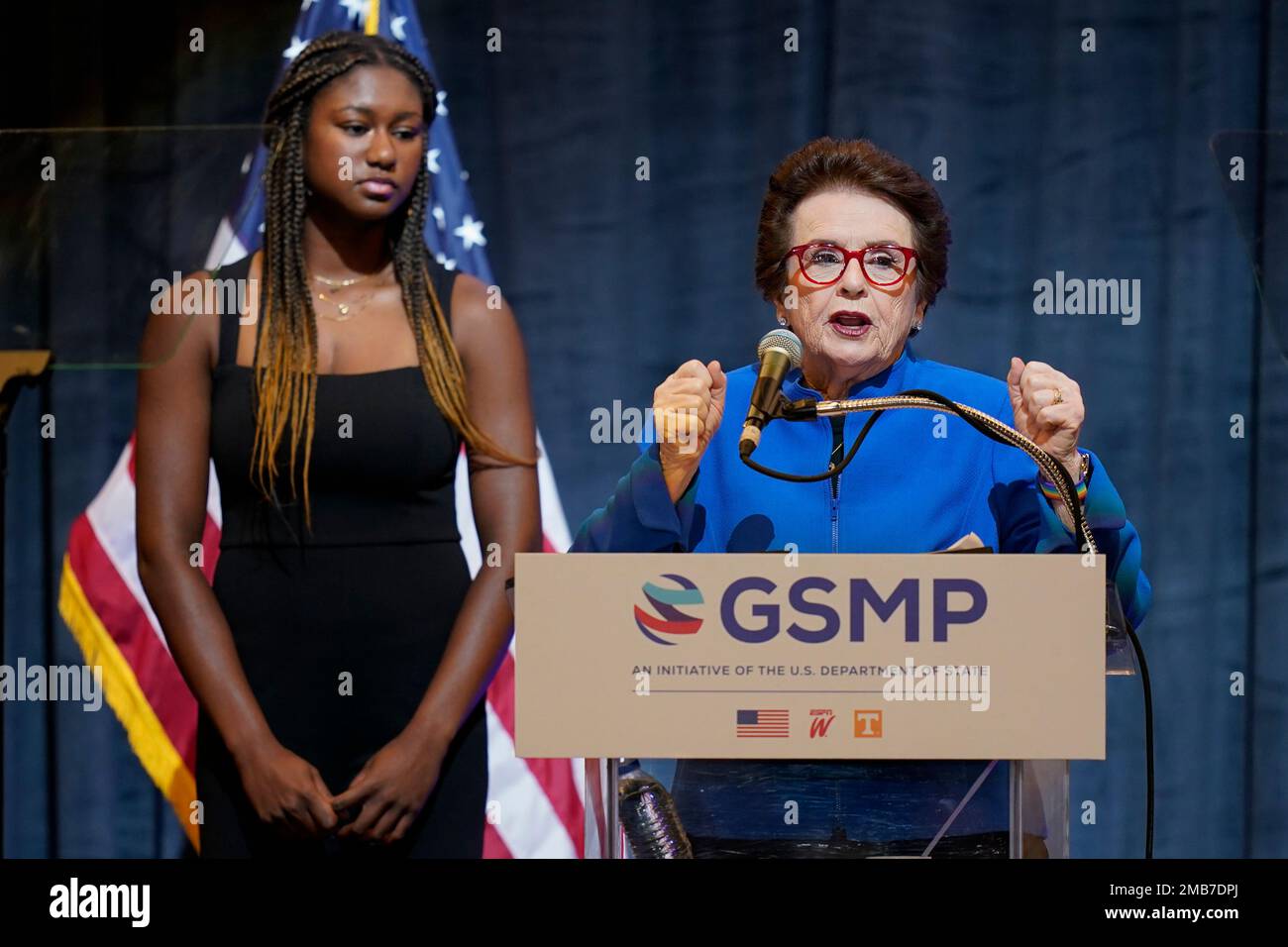Tennis great Billie Jean King speaks alongside student-athlete Maya ...
