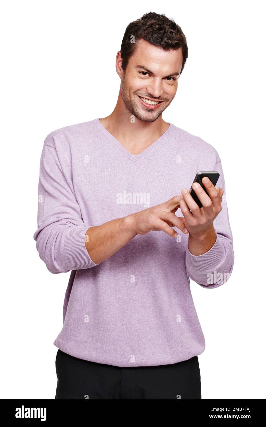 Portrait, man and smartphone for connection, social media or guy ...