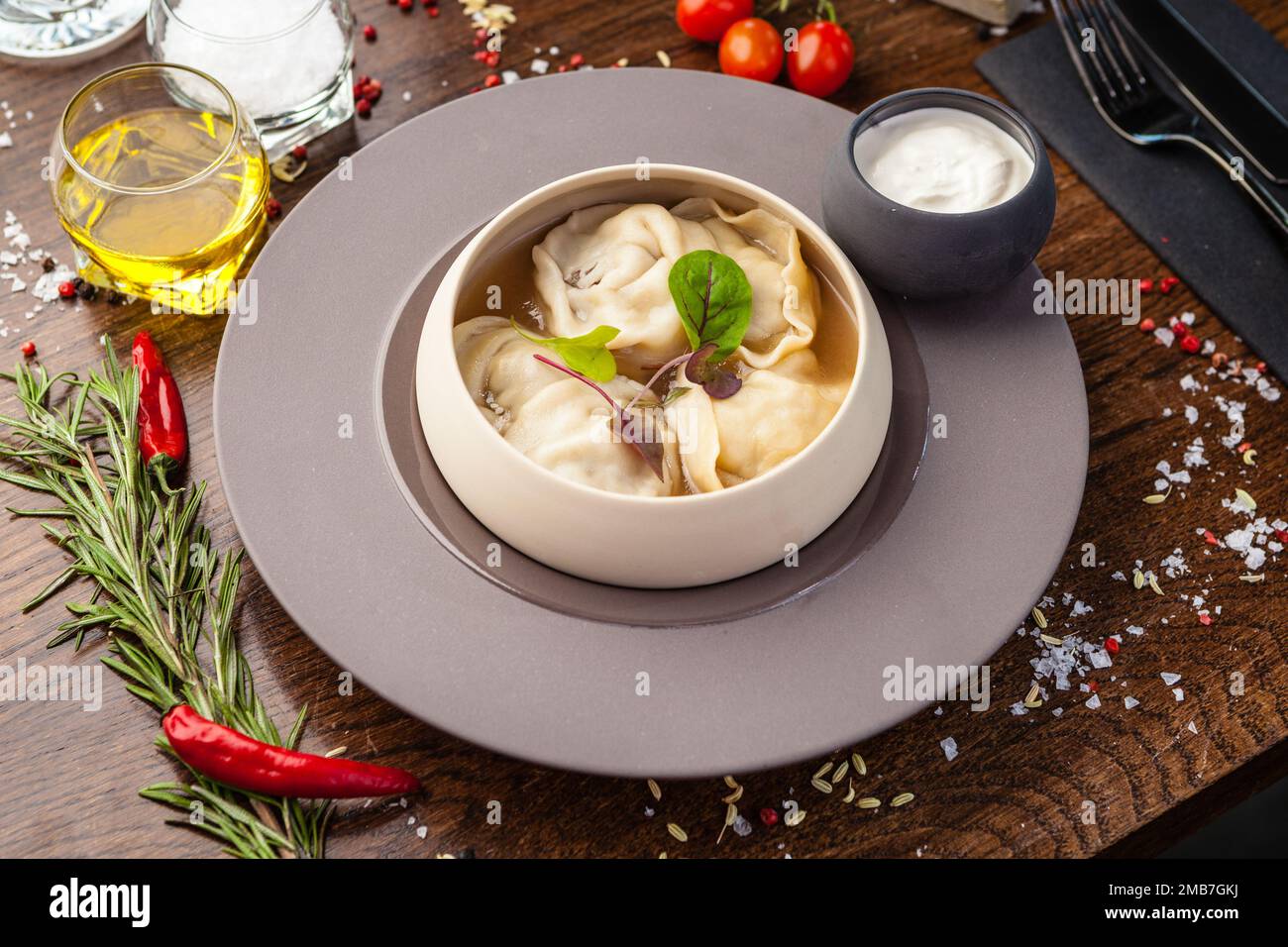 Black Angus beef hand-made dumplings. Cucumber-julienne with chilli ...