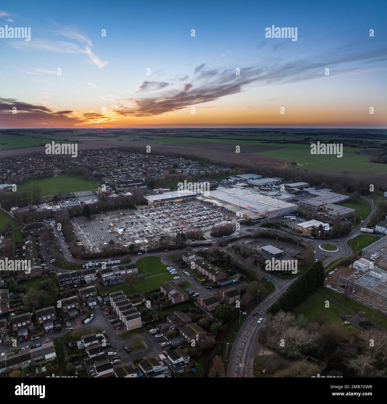 Aerial view of the expansive Tesco superstore in Bar Hill, Cambridge ...