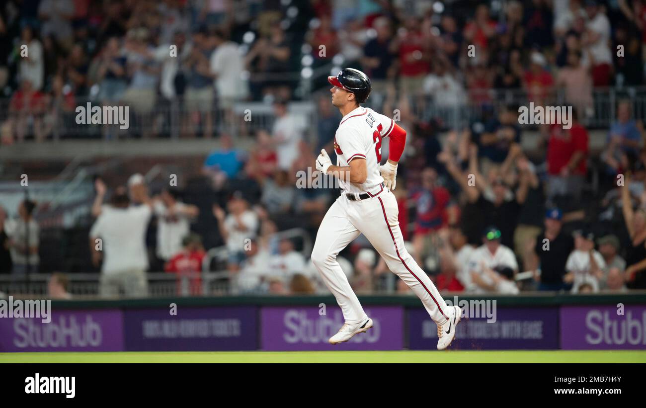 Atlanta Braves Matt Olson runs the bases after hitting a two run home ...