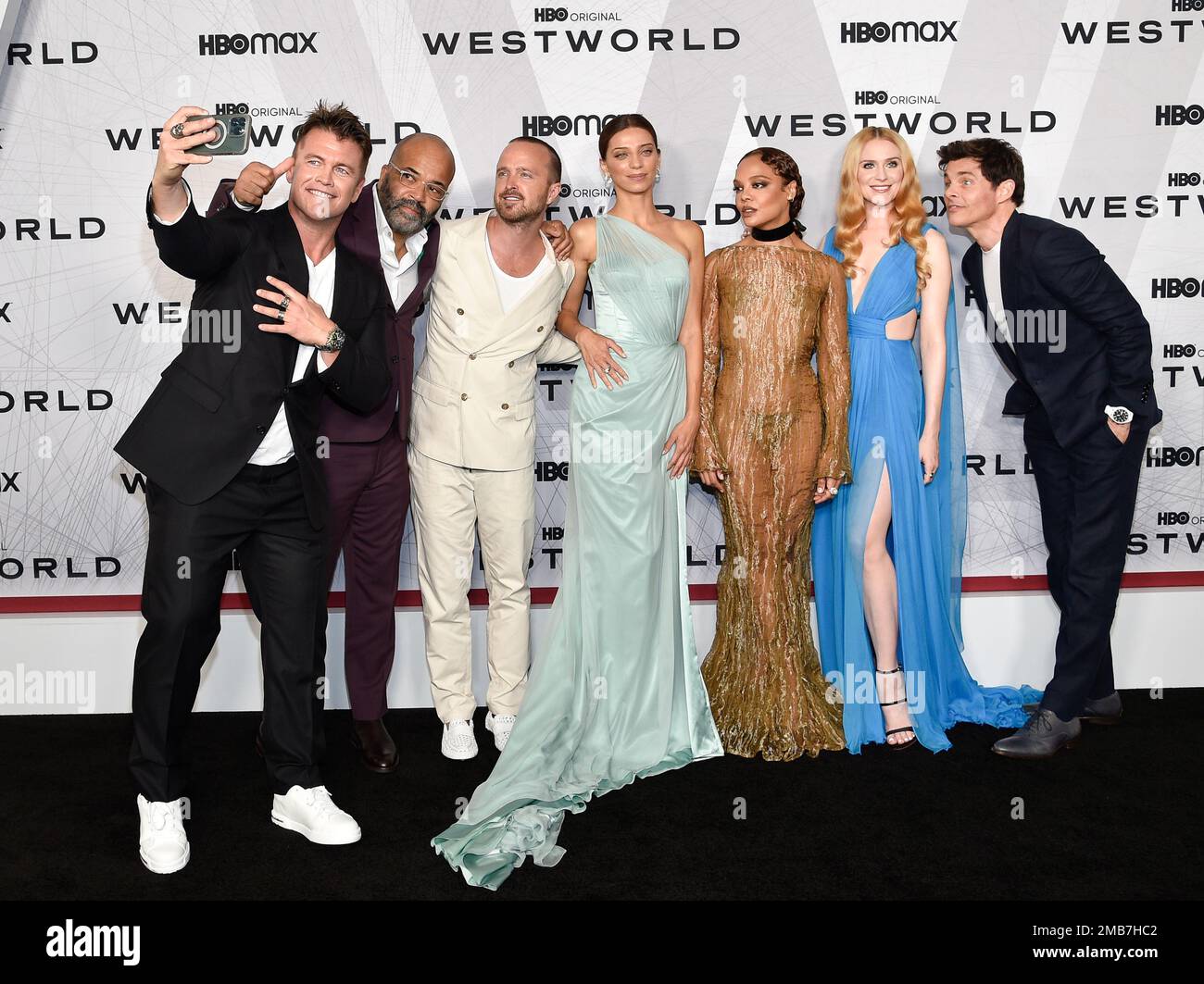 Luke Hemsworth, left, Jeffrey Wright, Aaron Paul, Angela Sarafyan ...