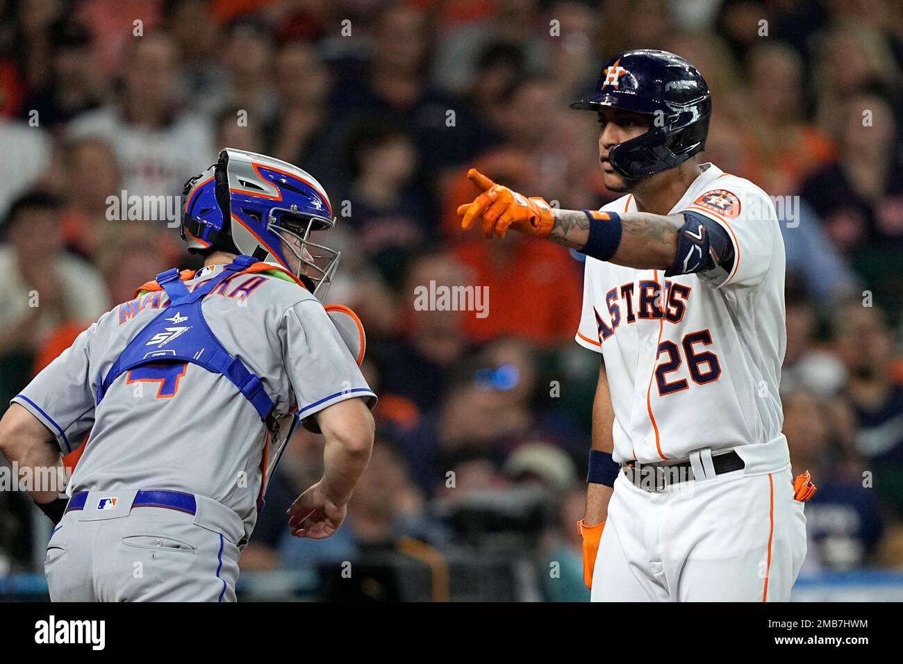 Houston Astros' Jose Siri (26) reacts after a foul tip strike out as ...