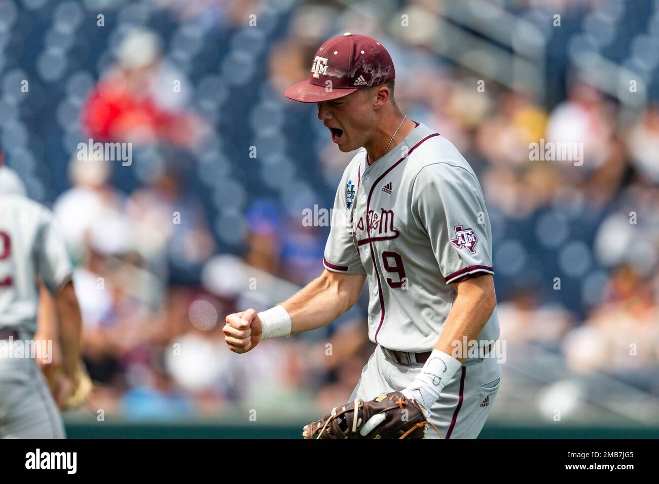 Texas A&M first baseman Jack Moss (9) celebrates getting the last out ...