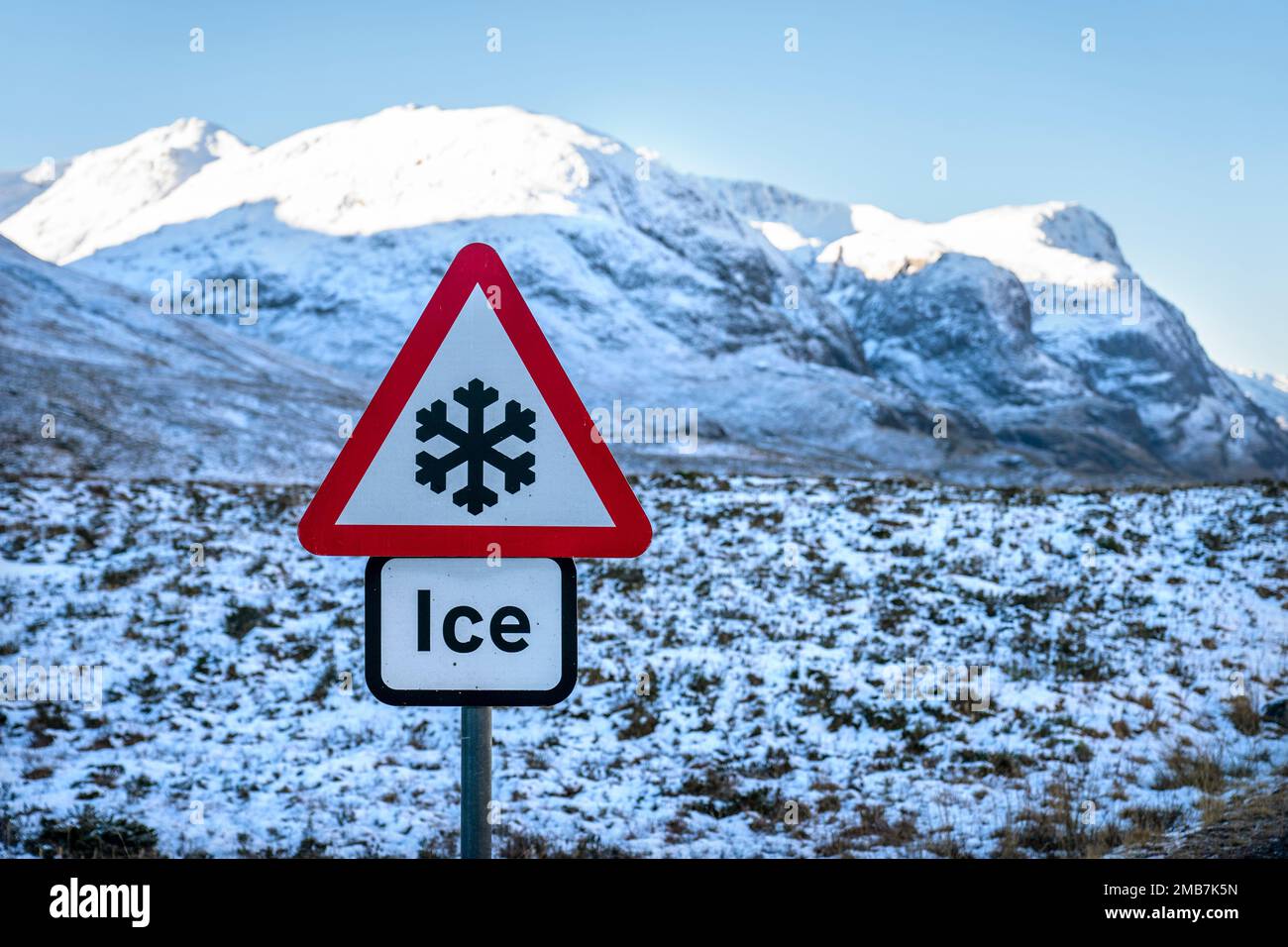 A road warning sign for ice on the A82 through Glencoe. People across ...
