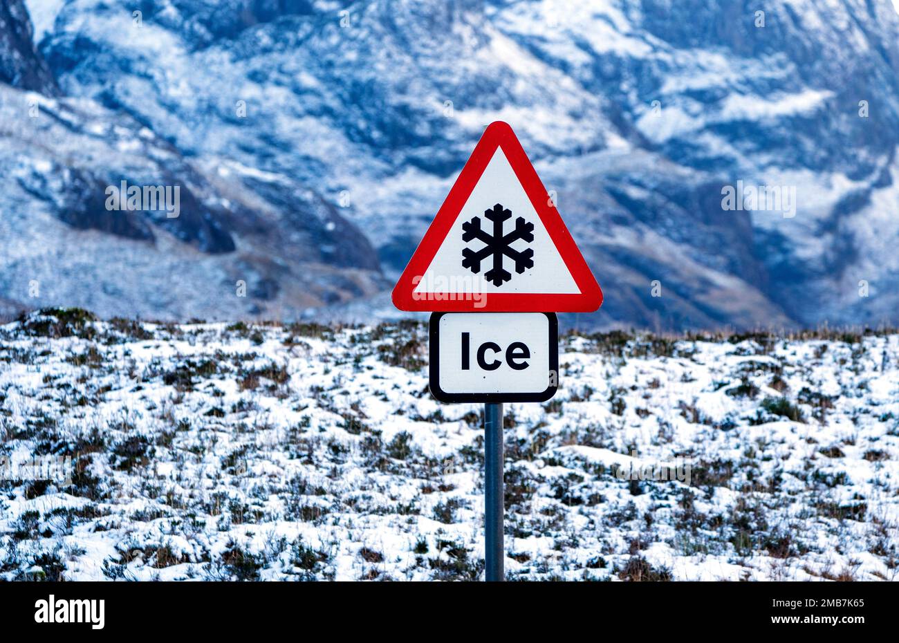 A road warning sign for ice on the A82 through Glencoe. People across ...