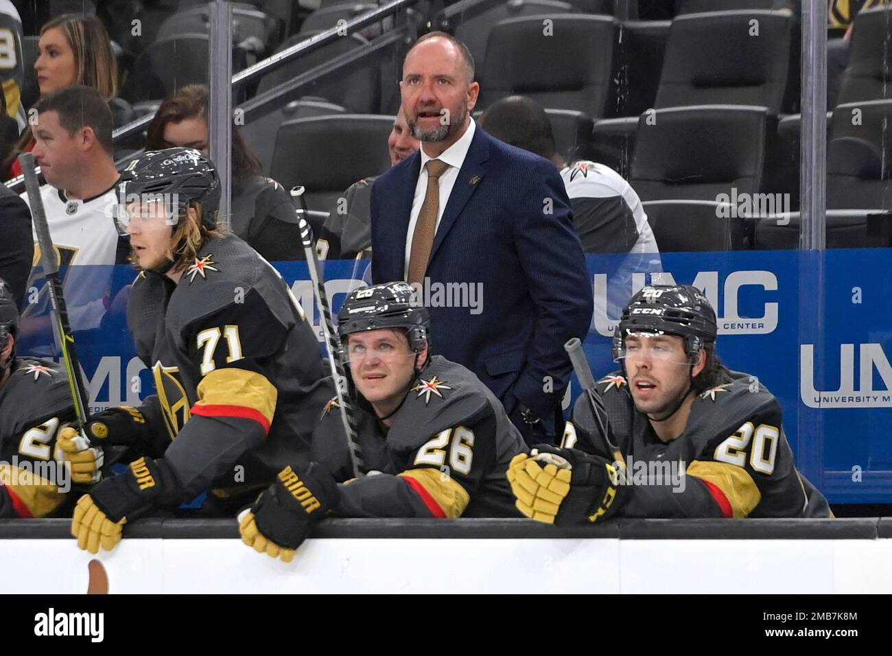 FILE - Vegas Golden Knights coach Peter DeBoer watches from the bench ...