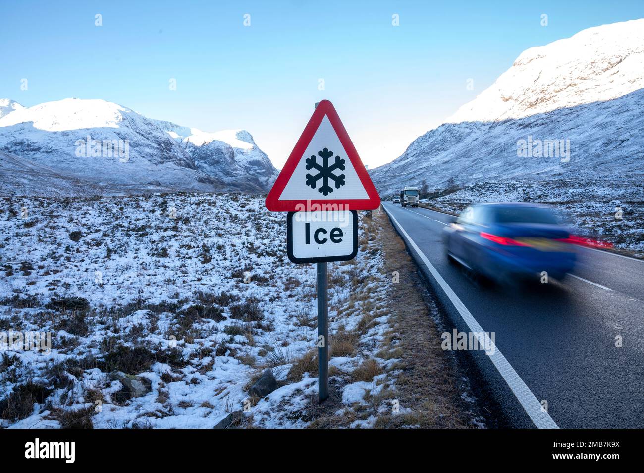 A road warning sign for ice on the A82 through Glencoe. People across ...