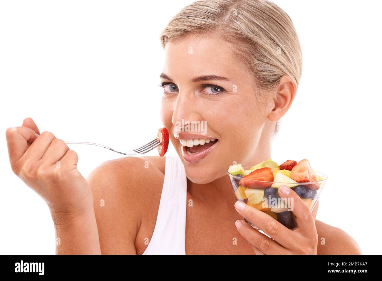 Diet, fruit and portrait of woman with salad, eating healthy and happy ...