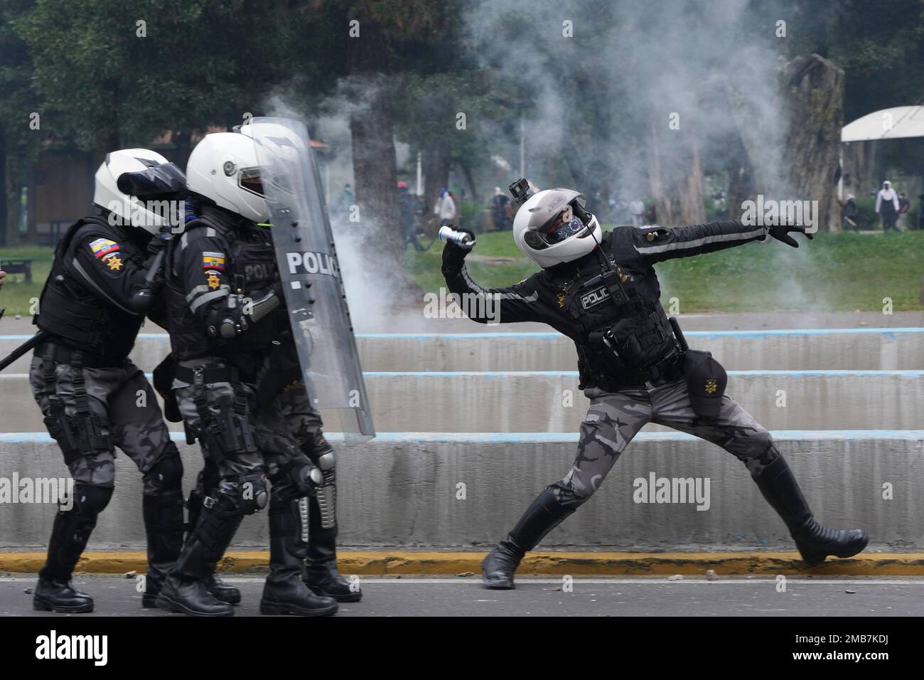 Police hurdle tear gas at demonstrators during a protest against the ...