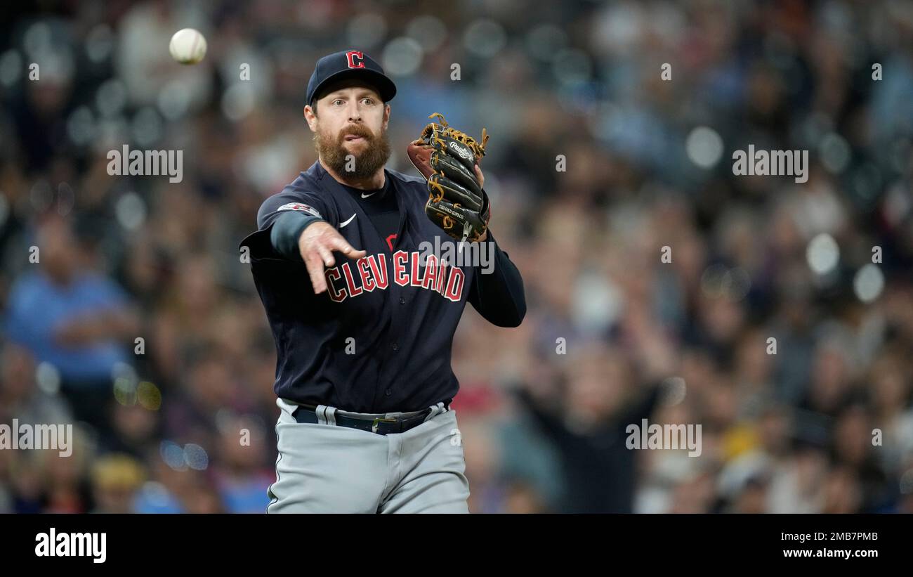 Cleveland Guardians relief pitcher Bryan Shaw (27) in the ninth inning ...