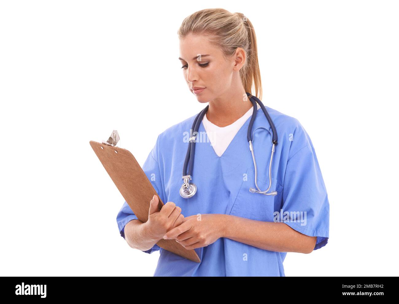 Healthcare, doctor and woman with clipboard in studio with paper form ...