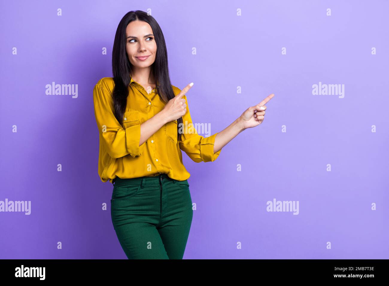 Photo of adorable stunning lady wear stylish clothes two arm presenting ...