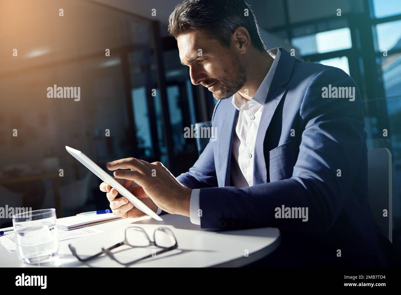 Thinking man, tablet and working investment financial worker with web ...
