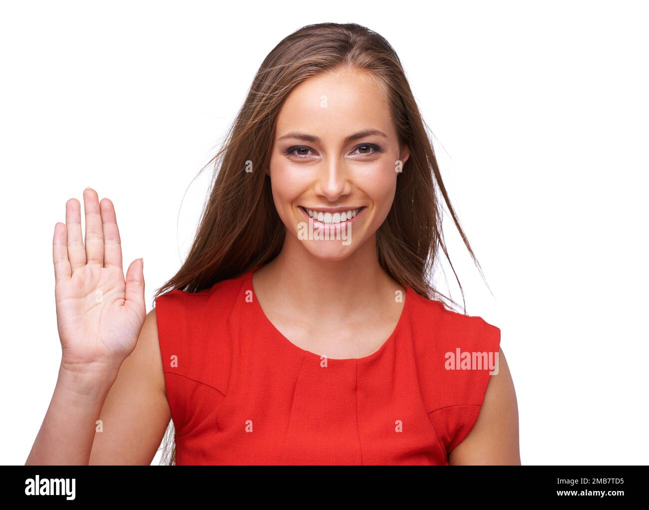 Wave Welcome And Portrait Of A Woman Smile With Happiness And Isolated
