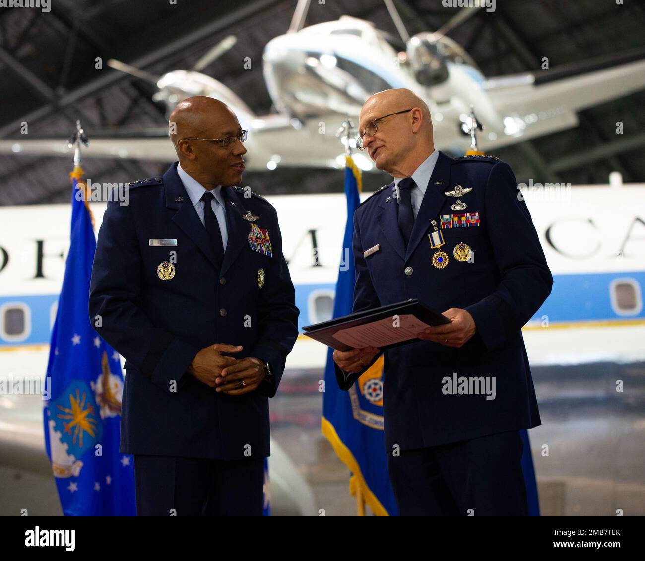 U.S. Air Force Chief of Staff Gen. CQ Brown, Jr. (left) and Gen. Arnold W. Bunch, Jr., speak ...