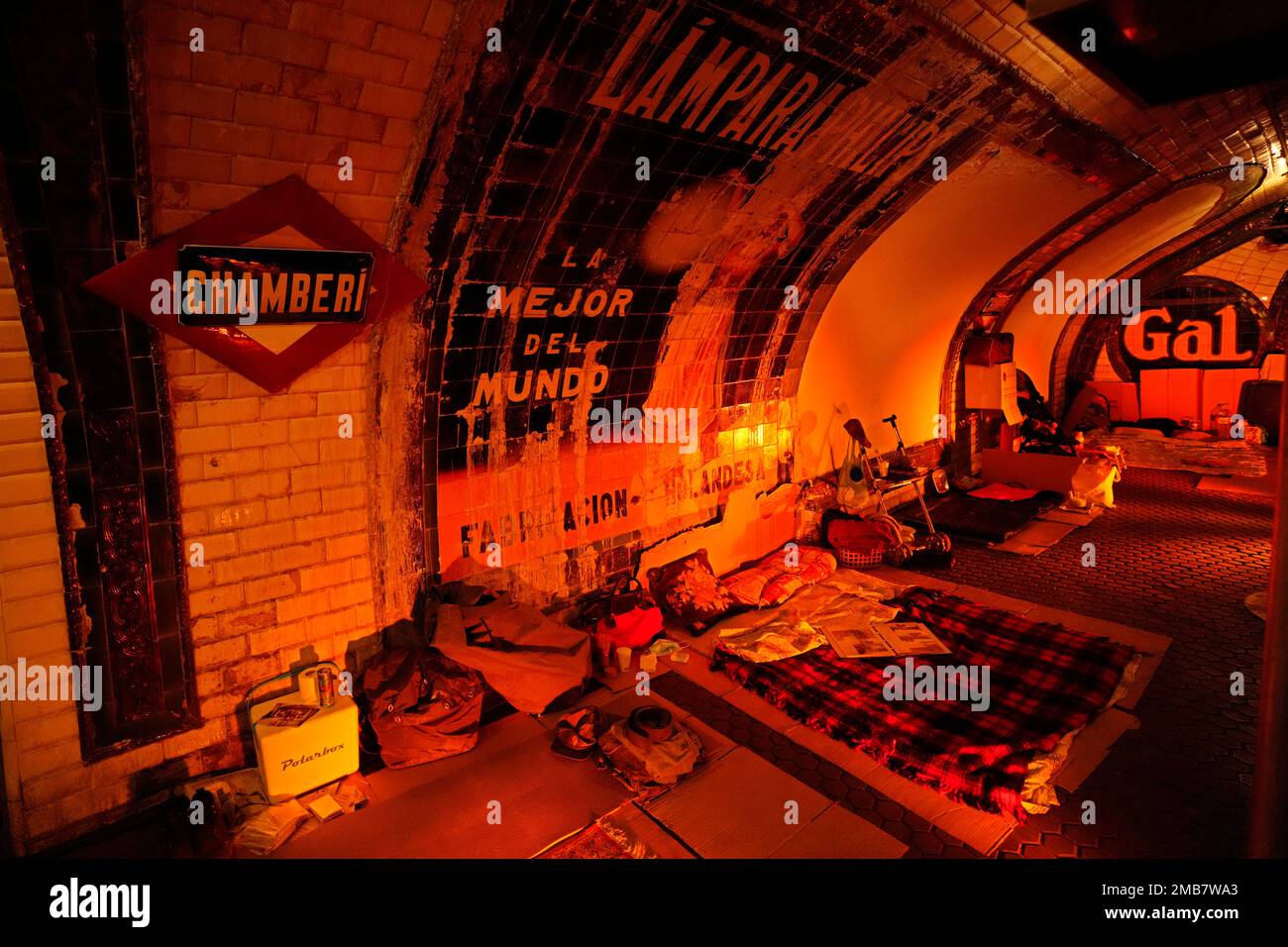 Matresses are laid out on the platform of the old disused Chamberi ...