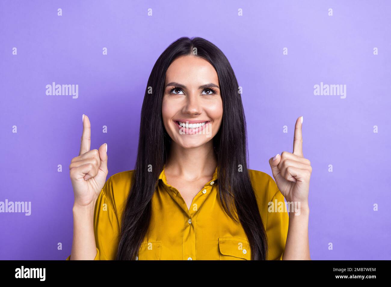 Photo of positive pretty lady wear stylish clothes demonstrate empty ...
