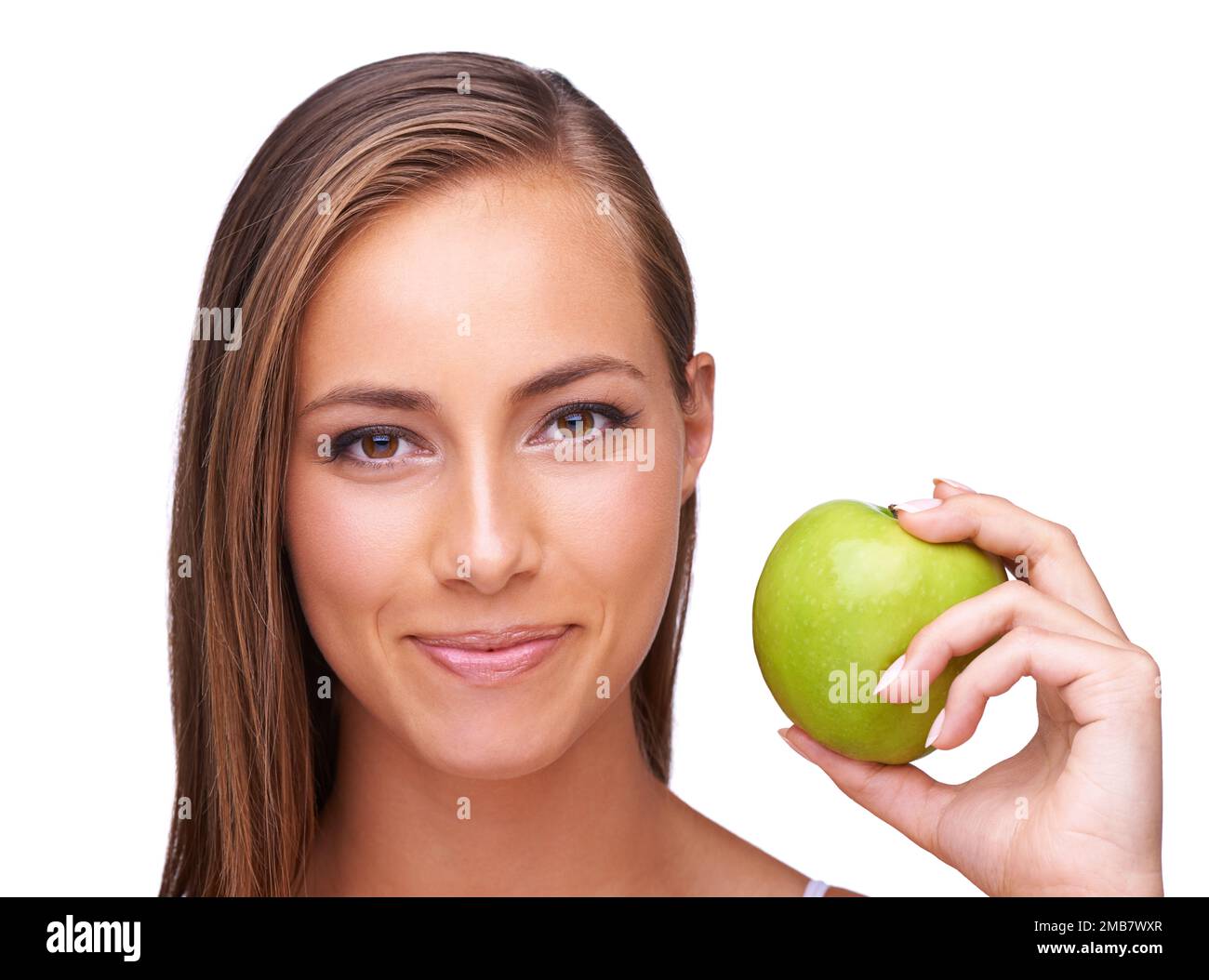Apple, wellness and portrait of woman on a white background for healthy ...