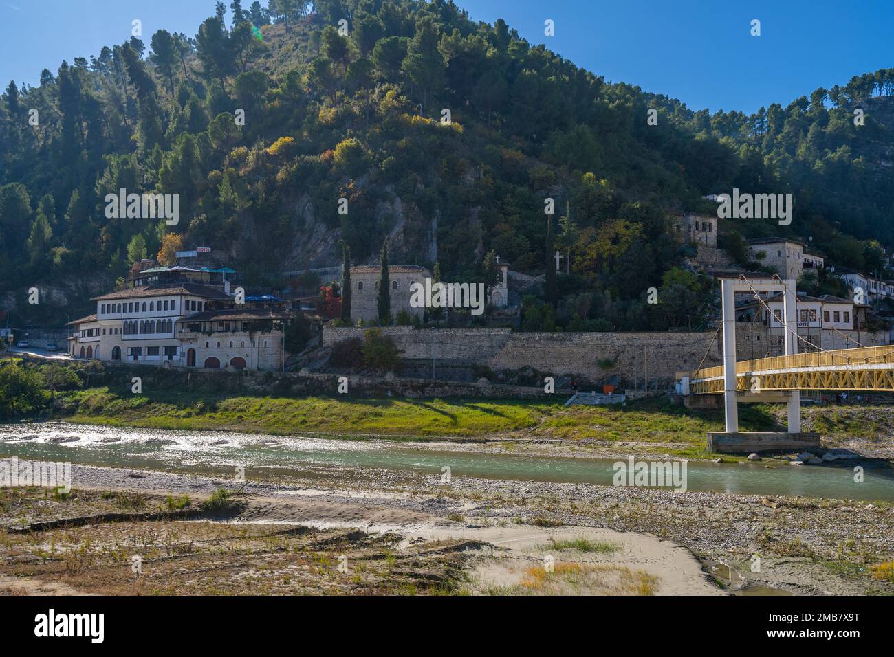 View to Berat, historic city in the south of Albania at night with all ...