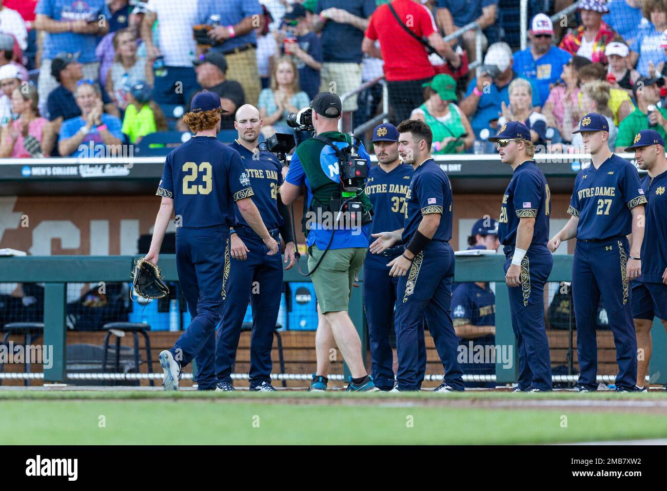 Notre Dame starting pitcher Austin Temple (23) is retired in the second ...