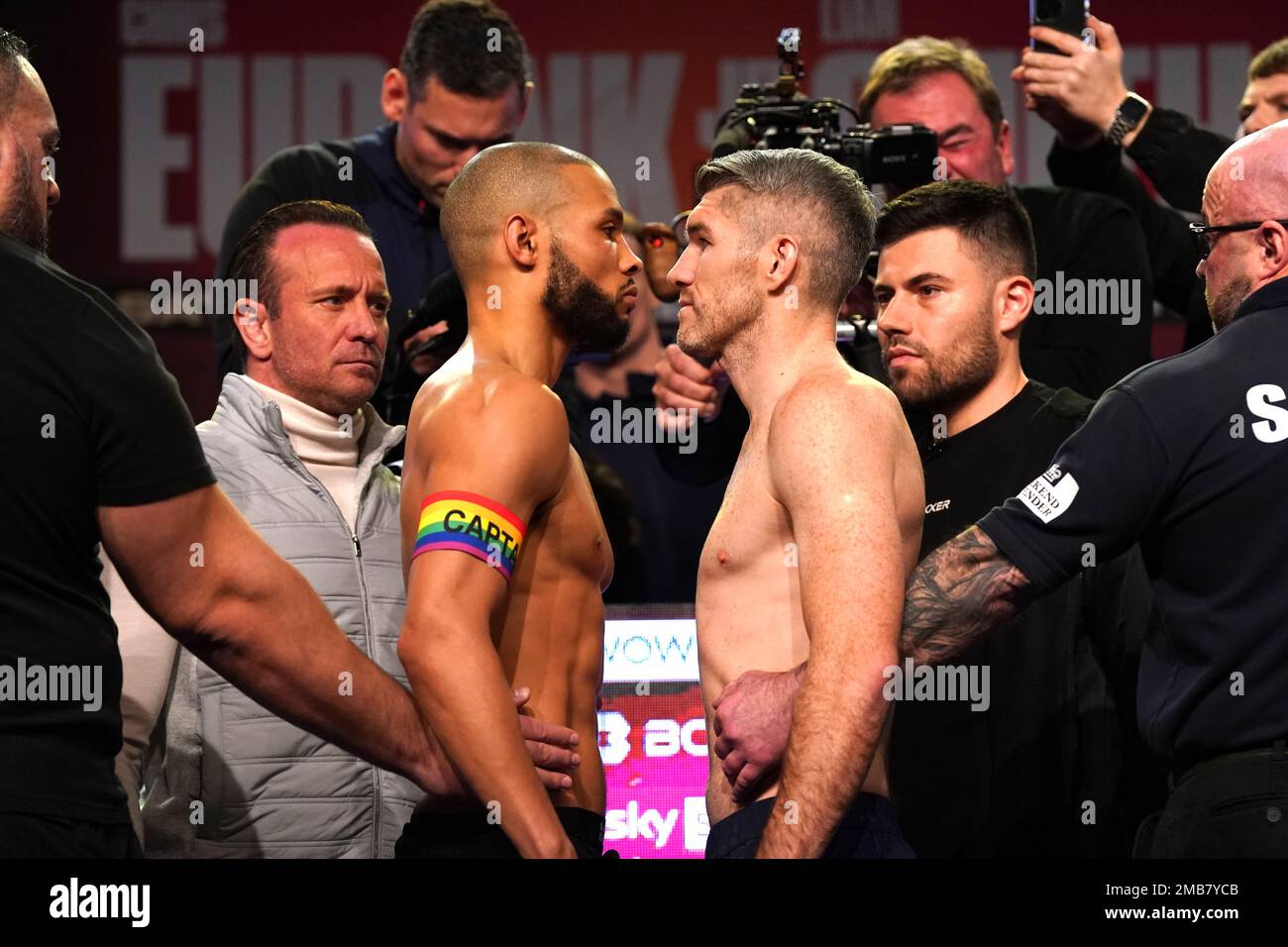 Chris Eubank Jr (left) and Liam Smith during the weigh-in at the Manchester Central Convention ...