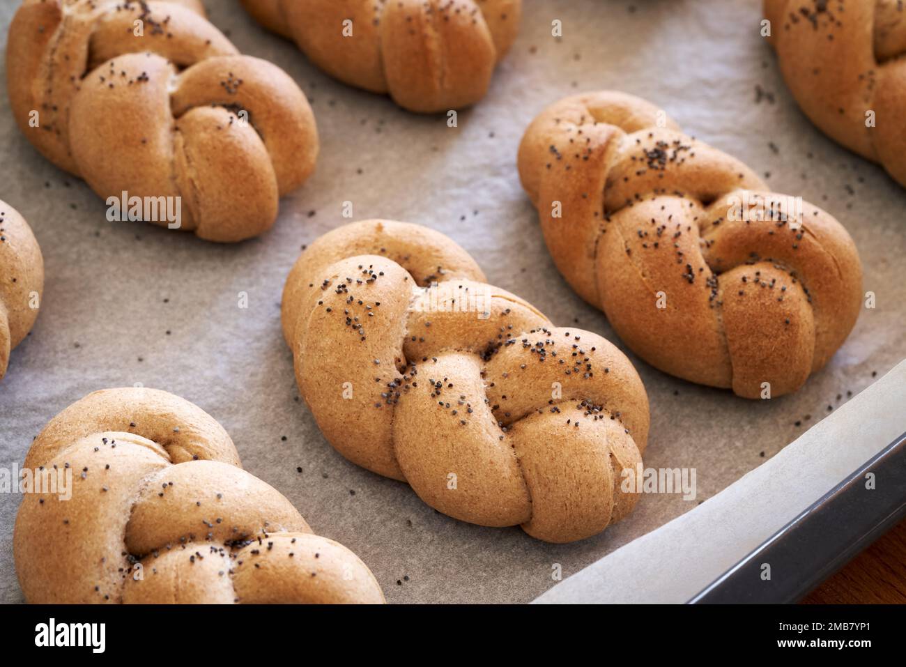 Homemade braided bread rolls or buns made of whole grain spelt flour ...