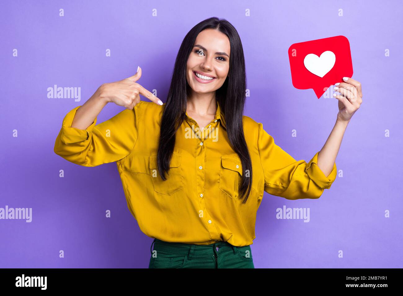 Portrait of attractive positive person point finger self herself hold ...