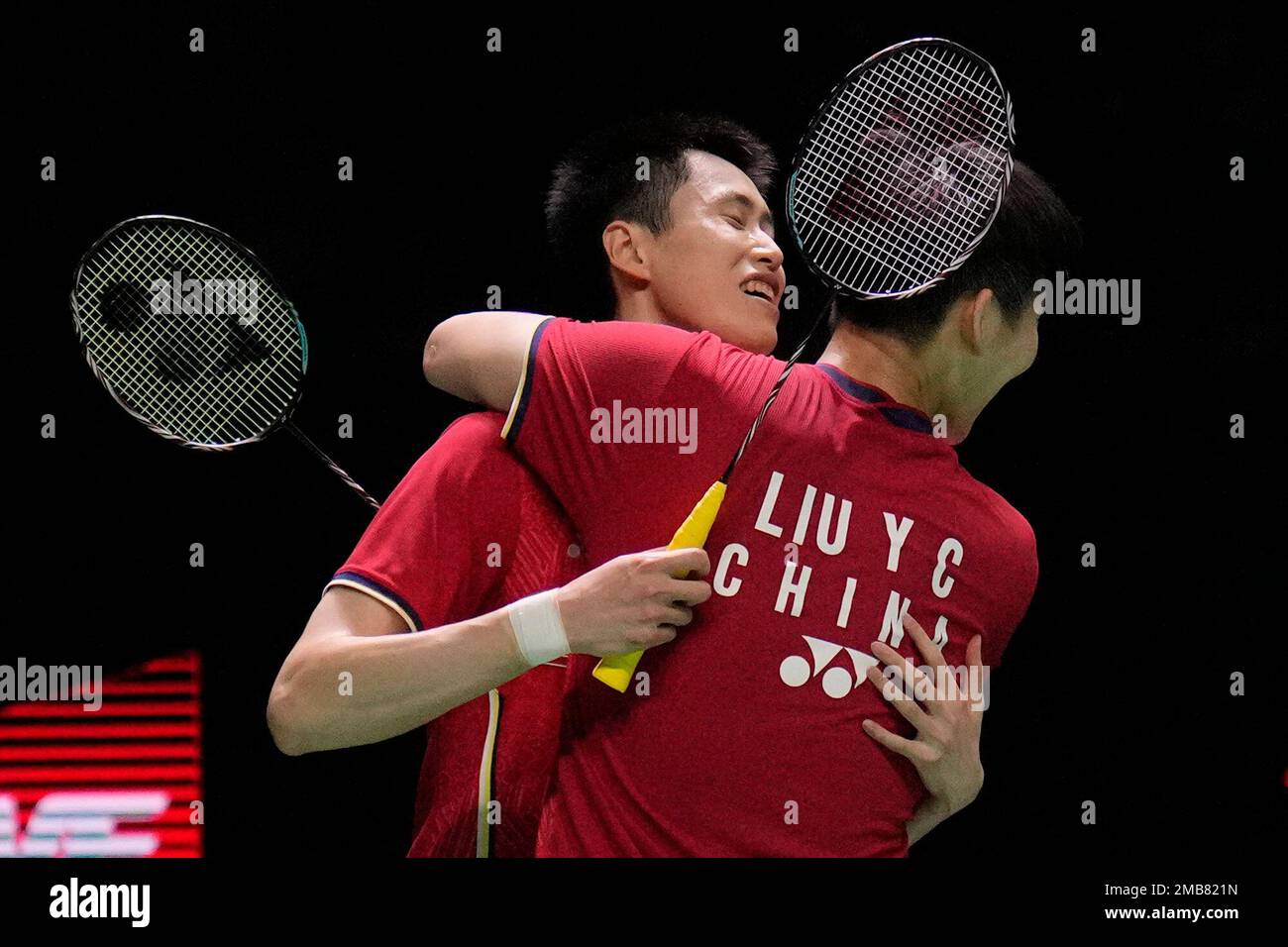 China's Liu Yu Chen, right, and Ou Xuan Yi celebrate after defeating South Korea's Choi Sol-gyu ...