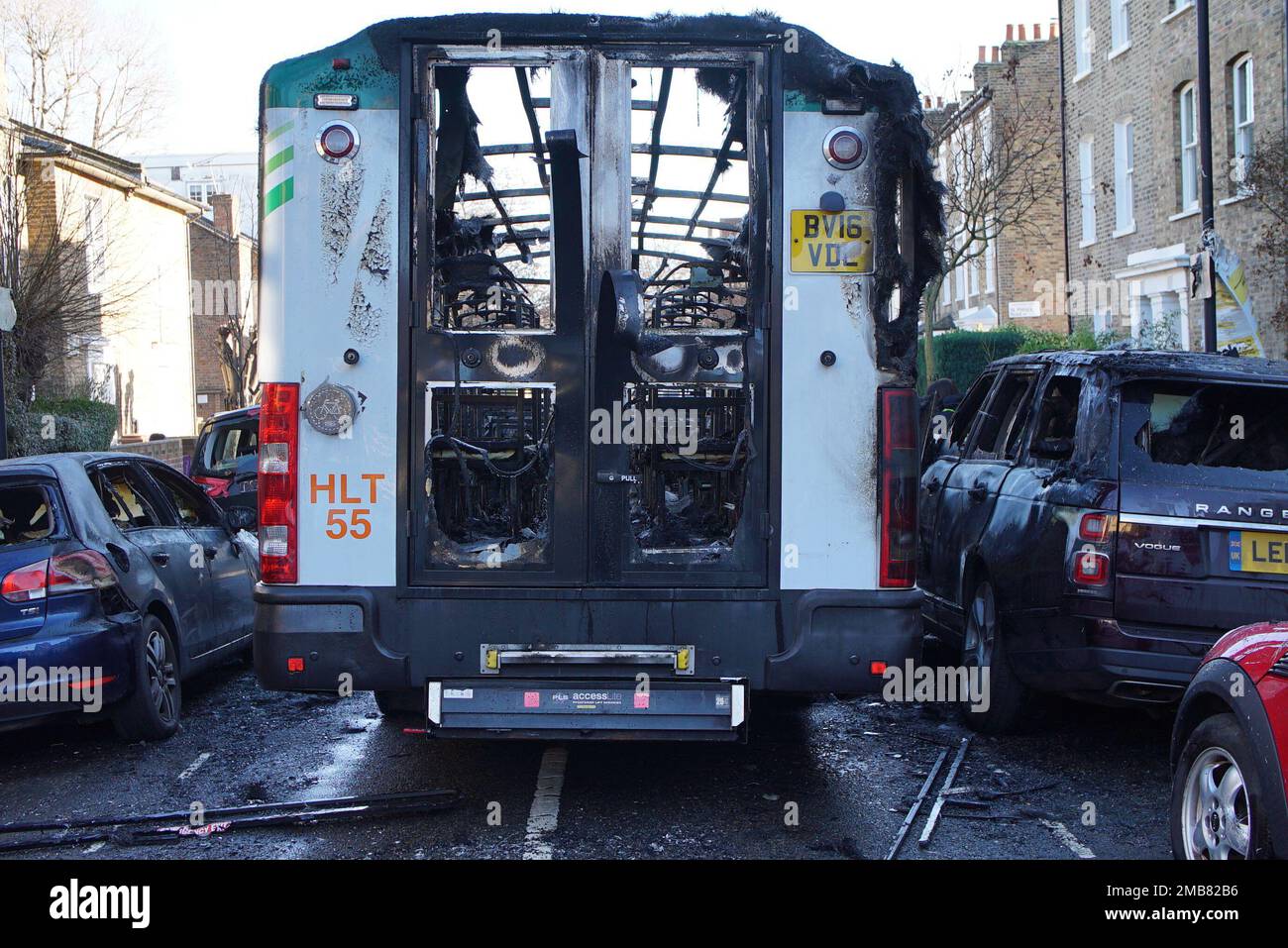 The burnt out remains of a 30-seater bus that was damaged by fire, along with six other vehicles ...